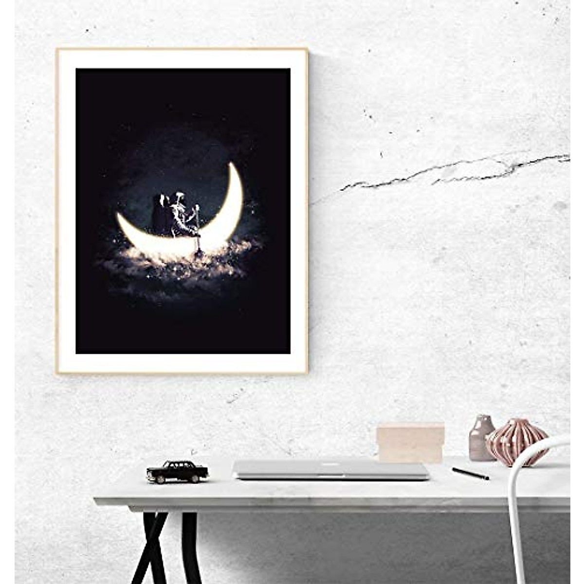 Crescent Moon and Astronaut Art Print Outer Space Rowing Boat Lunar Galaxy Celestial Stars Poster Home Decor 18 x 24 Art Print