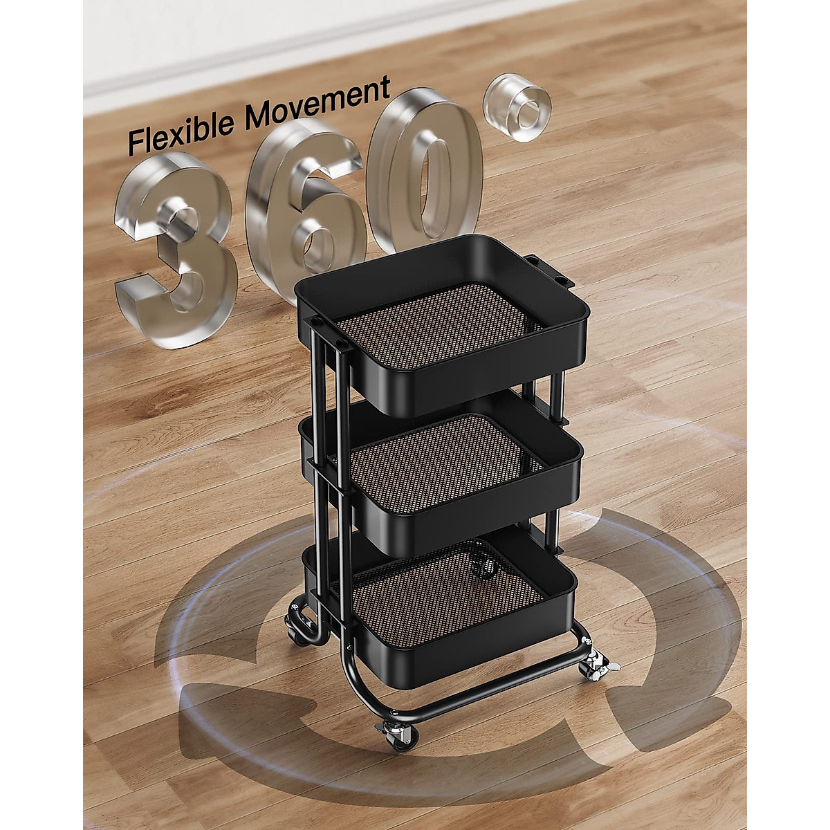 Pipishell 3 Tier Metal Rolling Utility Cart, Heavy-Duty Storage Rolling Cart with 2 Lockable Wheels, Multifunctional Mesh Organization Utility Cart for Kitchen Dining Room Living Room (Black)