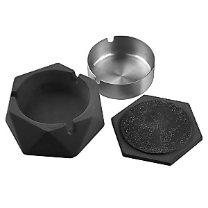 FREELOVE Concrete Ashtray with Lid & Stainless Steel Ashtrays for Cigarettes, Cement Ash Tray Weed Smoking Holder Indoor Smokeless Outdoor Windproof Patio Home Office Cool Decor, Dark Grey A