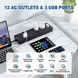 Flat Plug Extension Cord 25 Ft, NTONPOWER Surge Protector Power Strip with 12 Outlets(2 Widely Space) 3 USB, Overload Protection Switch, 2100 Joules, Wall Mount for Home Office and Workbench, Black