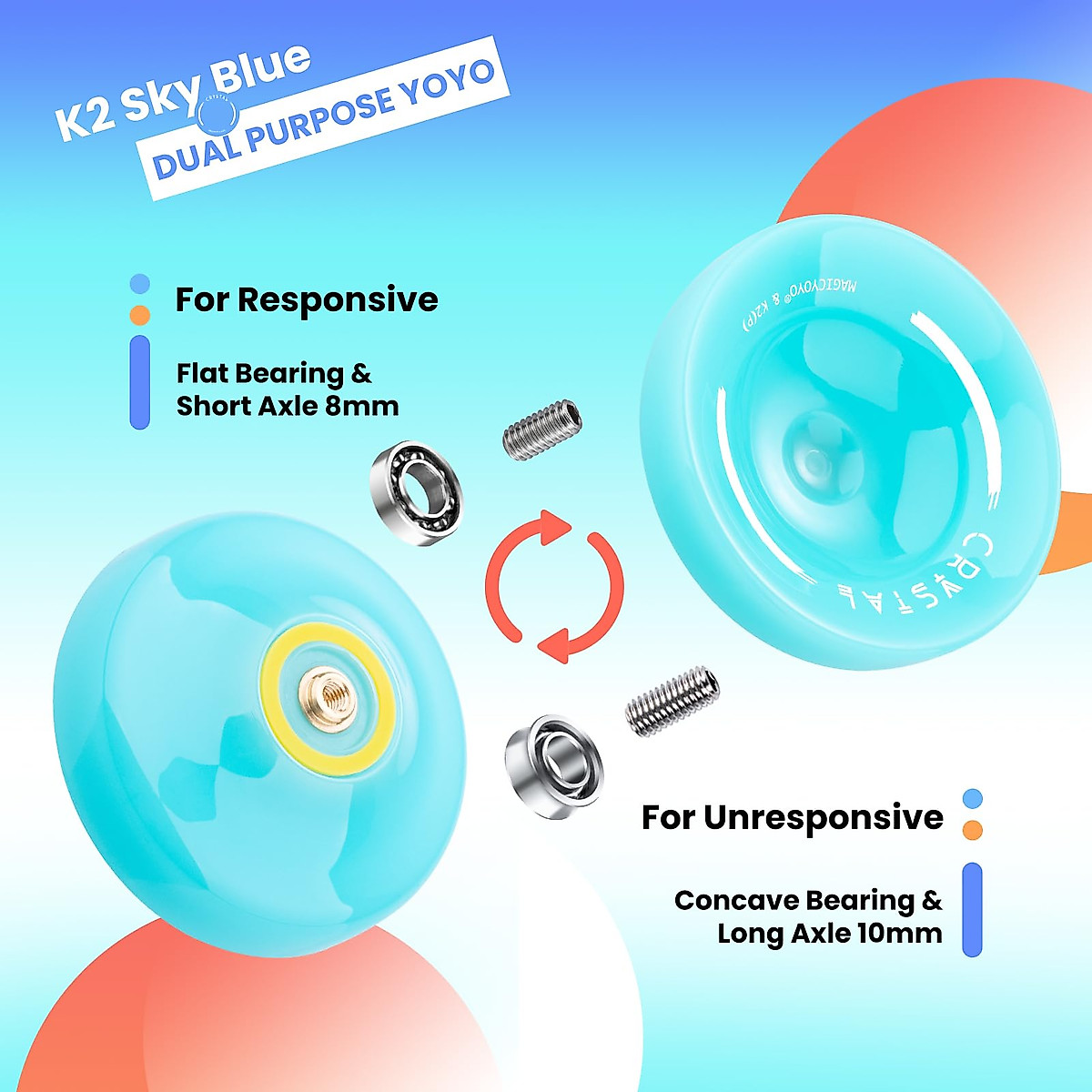 MAGICYOYO Yoyo K2 Responsive Yoyo for Kids, Professional Yoyo for Beginner, Dual Purpose Yoyo Replacement Unresponsive Bearing for Adults/Advanced with 6 Yoyo Strings+Bag+Bearing Remover (Sky Blue)