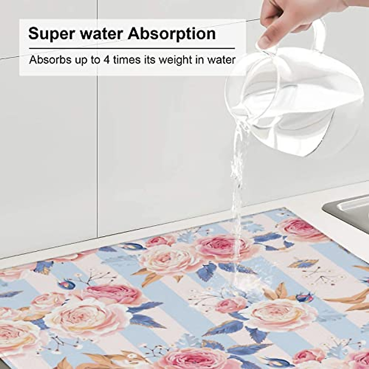 Flowers Stripe Printed Drying Mat For Kitchen Ultra Absorbent Microfiber Dishes Drainer Mats Non-Slip Silicone Quick Dry Pad - 18 X 16inch
