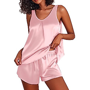 Ekouaer Pajama Shorts Set Womens Silk Sleep Set Sleeveless Pajamas Comfort Two Piece Pjs Tank Top Sleepwear Casual Shorts Set (Pink,M)