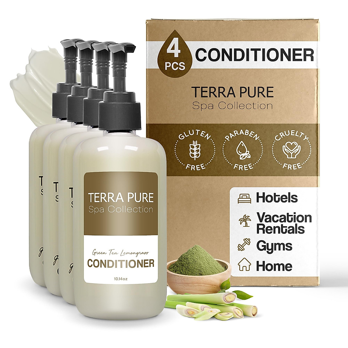 Terra Pure Conditioner | Spa Collection | Hotel Amenities in Pump Bottle | 10.14 oz. / 300 ml (4 Bottles)