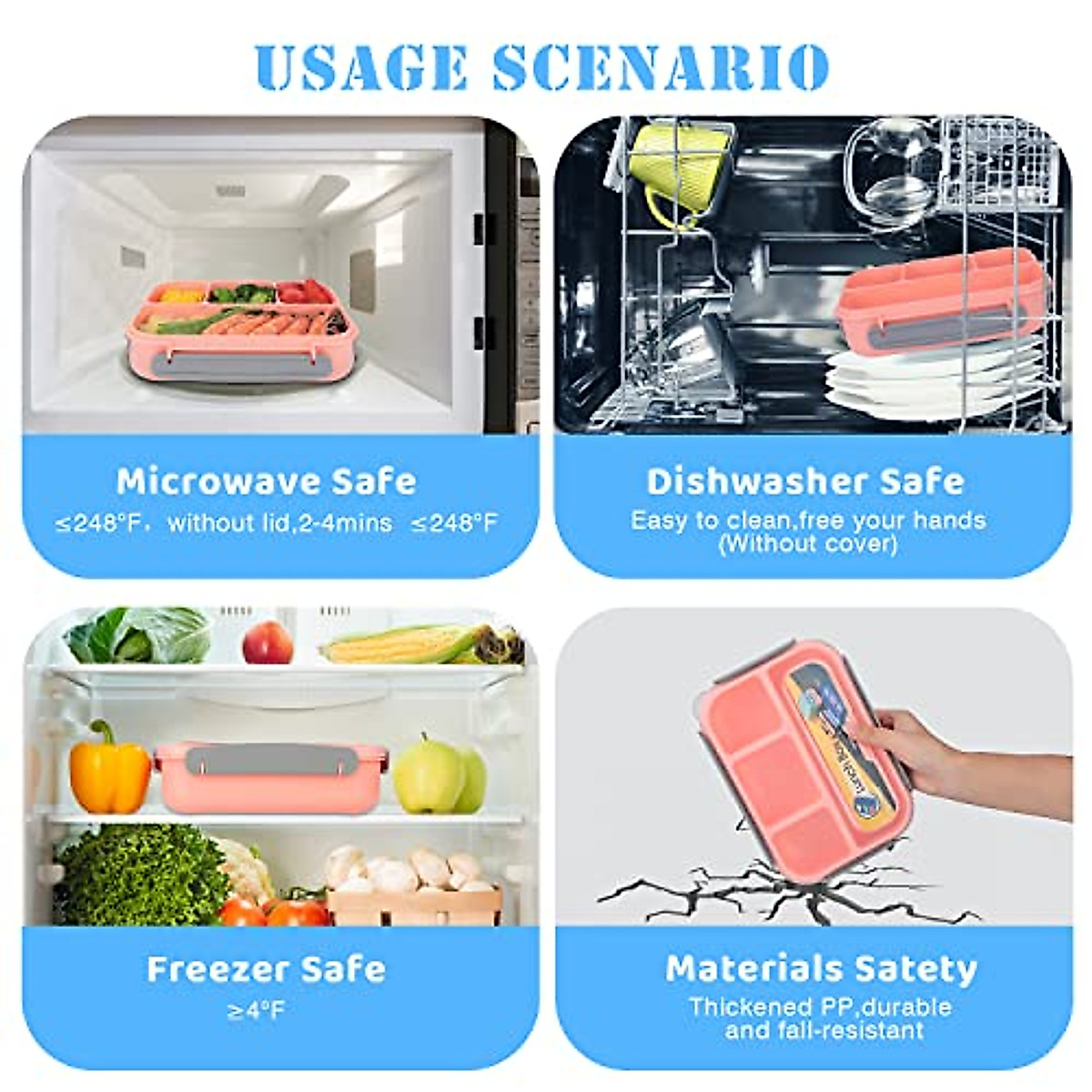 Vensp Adult Lunch Bento Box, lunch Boxes for School, Toddler/Kids/Adults, 1300ml-with 4 Compartments&Fork, Leak-Proof, Men Women lunch box, Microwave/Dishwasher/Freezer Safe, Bpa-Free(Pink)