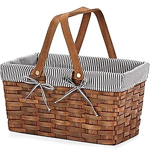 Woodchip Picnic Basket with Double Folding Handles, Natural Hand Woven Basket, Eggs Candy Basket for Easter, Kids Toy Storage Basket, Wedding Flower Girl Baskets for Valentine Day, Birthday, Grey