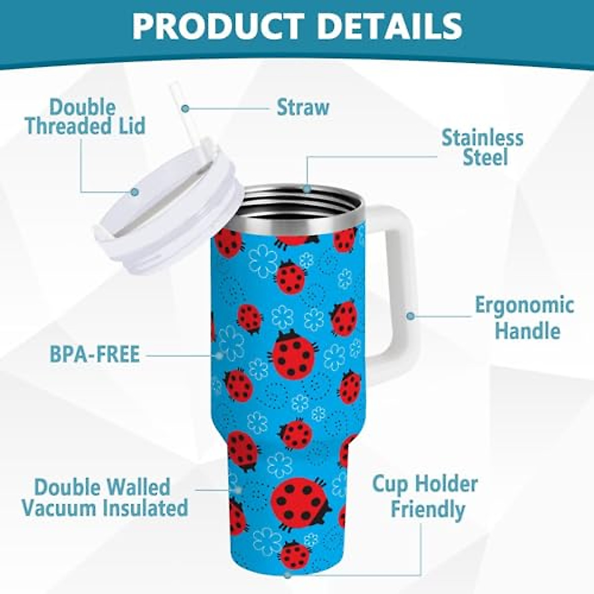 ARGTILDN 30 oz Tumbler Ladybugs Daisy Insulated Travel Mug with Handle and Straw Lid Stainless Steel Vacuum Coffee Cup Tea Beverage Container Water Bottles for Car Sports office