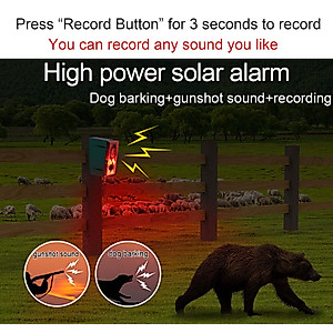 LAFEINA Solar Sound & Strobe Light Alarm Motion Detector, Gunshot & Dog Barking & Recording, Record 20S Custom Message Siren Security Alert System for Farm Barn Villa (1)