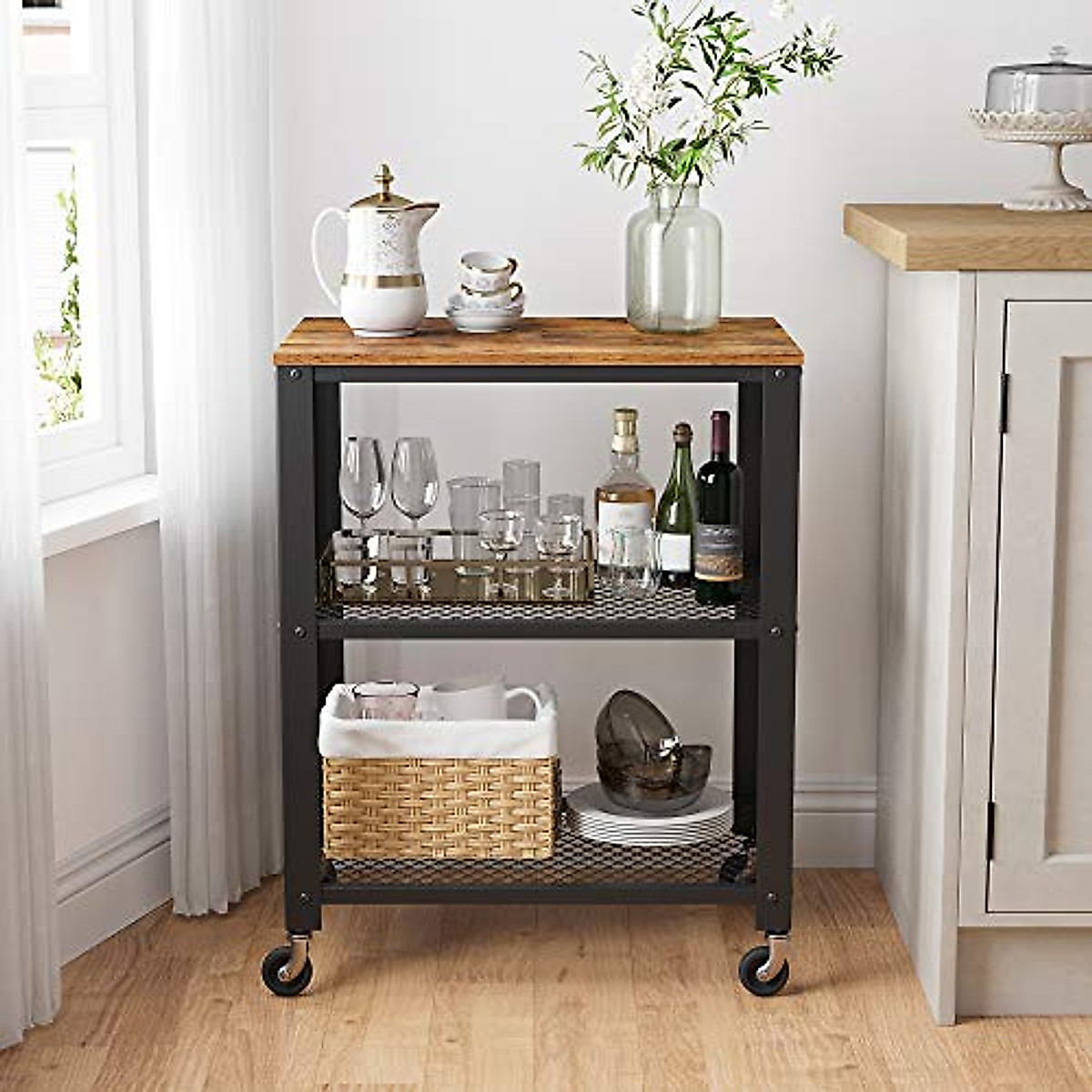 VASAGLE Serving Cart, 3-Tier Bar Cart on Wheels with Storage and Steel Frame, Rustic Brown ULRC78X