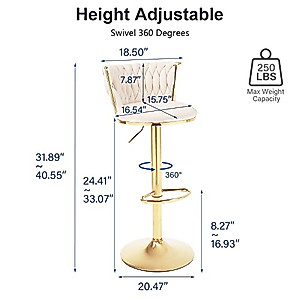 HANLIVES Velvet Bar Stools Set of 4,360° Woven Modern Gold Bar Stools,Swivel Adjustable Height Barstools with Backs Gold Metal Tall Kitchen Counter Chairs for Bar Pub Cafe(Beige*4)