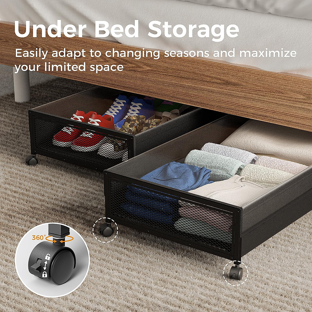 HUWAILE 60L Large Capacity Under Bed Storage with Wheels-Under Bed Storage Containers-Under Bed Storage Drawer-Under Bed Storage Organizer for Clothes, Blankets, Shoes, Books, and Toys (2 Pack)