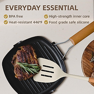 Kikcoin Large Kitchen Utensils Set - 7 PCS Silicone Cooking Utensils Set Heat-resistant 446 °F, Wooden Handle with Plastic Utensil Holder, BPA Free Spatula Ladle Spoons for Non-stick Cookware, Beige