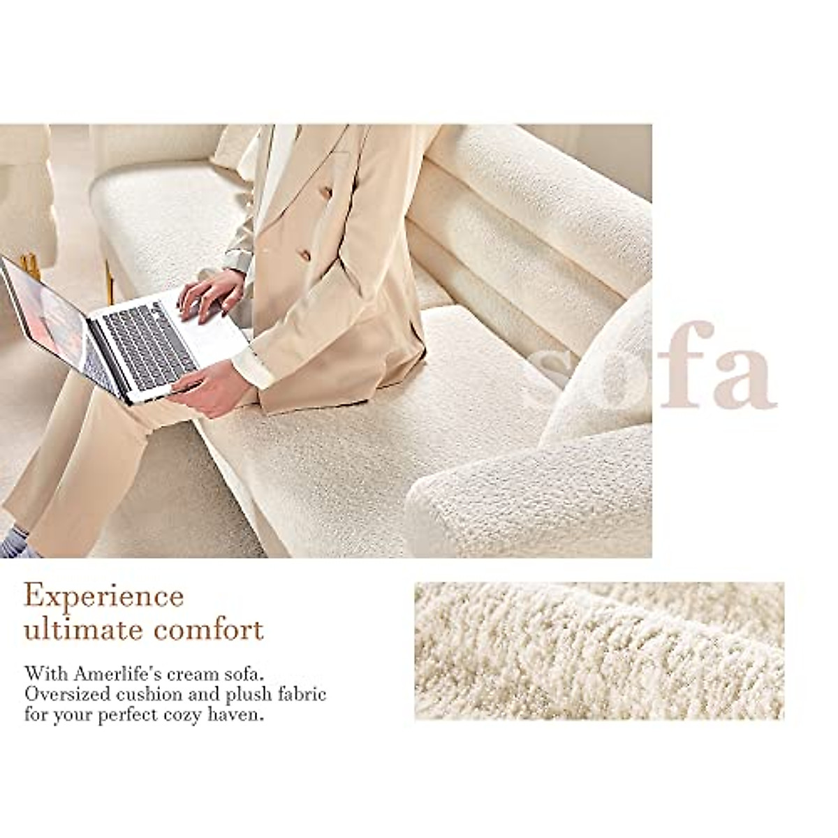 AMERLIFE Sofa, 3 Piece Set 85 inch Oversized Sofa- Comfy Sofa Couch, 3 Seater Sofa and Loveseat for Living Room- Bouclé Deep Seat Sofa White