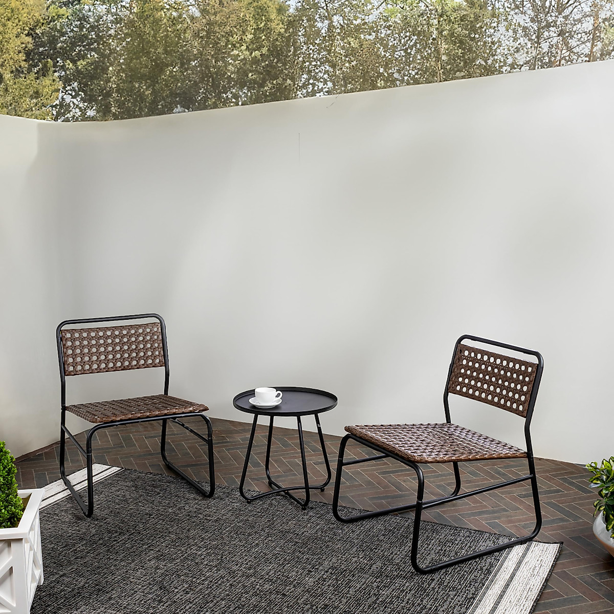 JONATHAN Y LVG1100B-3SET Freja 3-Piece Mid-Century Modern Faux Rattan Conversation Outdoor Patio Set Scandinavian, Classic, Transitional, Bohemian, Traditional, Black/Brown