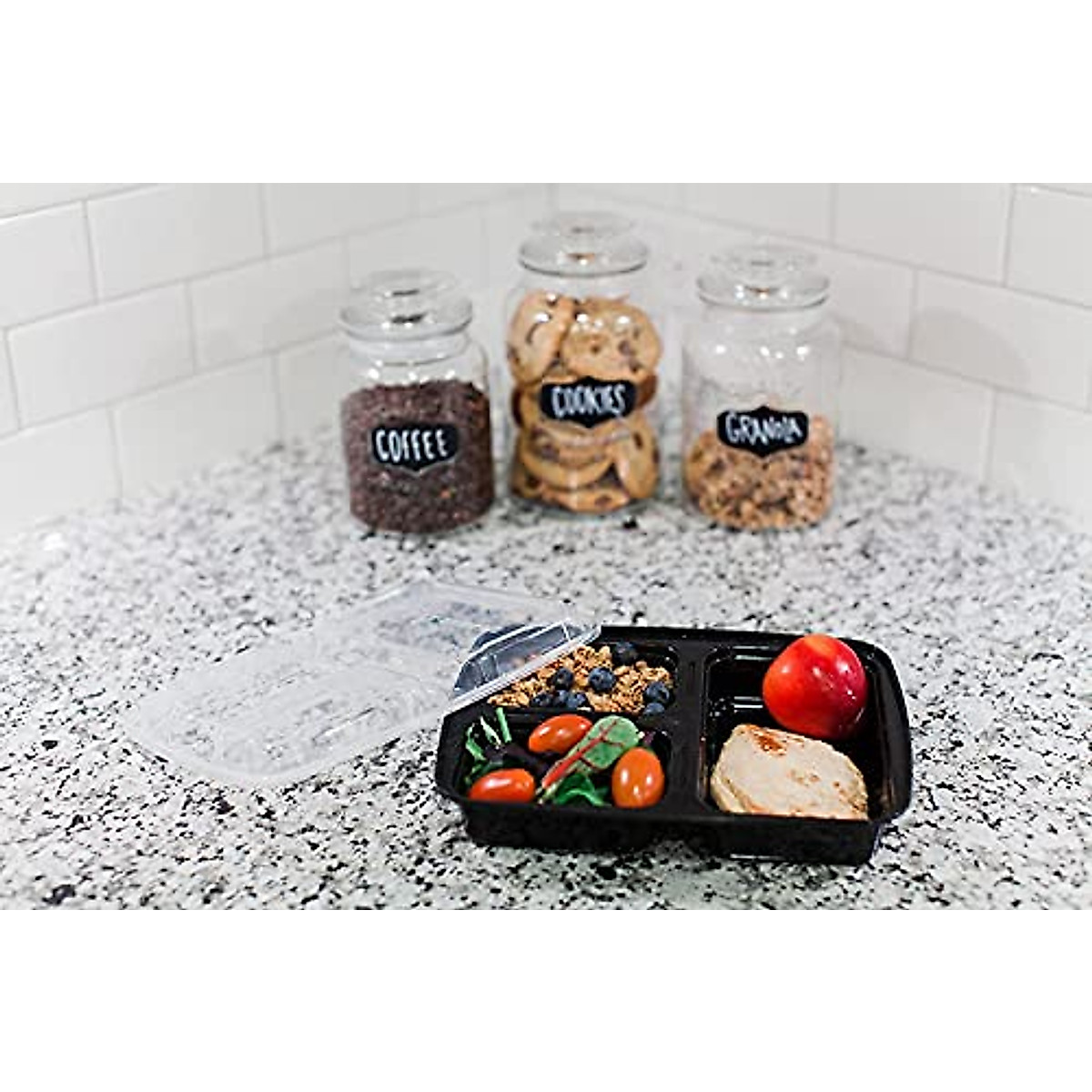 Kitchen Round Clear Glass Airtight Lids Chalkboard Canister Jar (Set of 3) with 3 Stick on Labels and Chalk Small