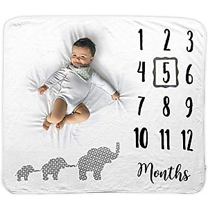 Baby Monthly Milestone Blanket | Includes Bib and Picture Frame | 1 to 12 Months | Premium Extra Soft Fleece | Best Photography Backdrop Prop for Newborn Boy & Girl (Elephant Blanket)