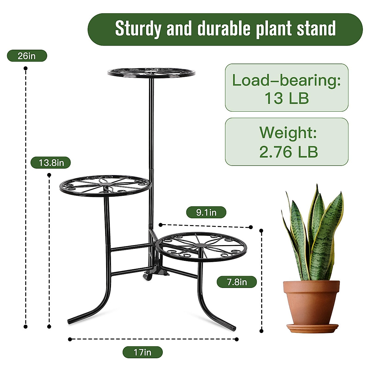 3 Tier Plant Stand, 3 Tier Plant Stands Indoor, Three Tiered Plant Stand Plant Holders for Outside Corner Plant Stand for Patio Garden Living Room Balcony, Black