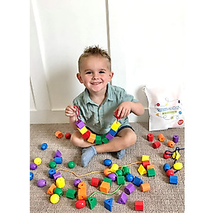 CC O Play Large Lacing Bead Set for Kids - 36 Jumbo Beads & 4 Threads for Toddlers - Montessori Educational Stringing Toy for Preschool Children - Bonus Bag & Ebook with Primary Resources