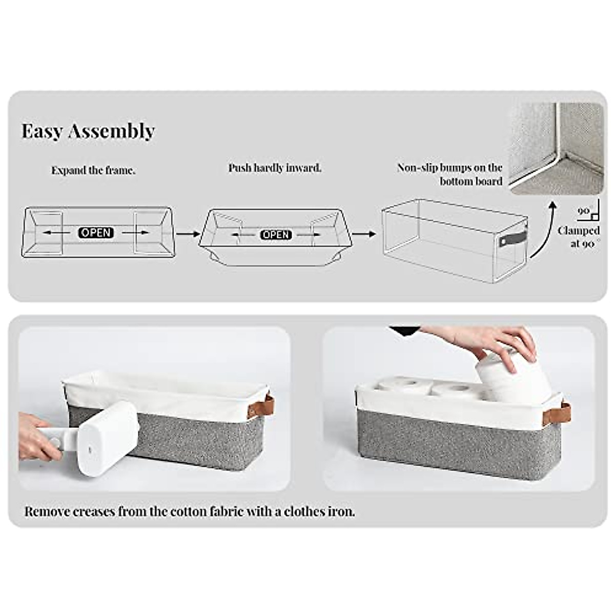 StorageWorks Narrow Storage Bins, Small baskets for Organizing, Long Storage Basket with Handles, Fabric Storage Bins for Shelf, Grey and White, 2-Pack