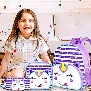 FTJCF 3PCS Toddler Backpack for Girls, 12" Unicorn Kindergarten Bookbag, Preschool Kids School Bag with Lunch Box - Purple