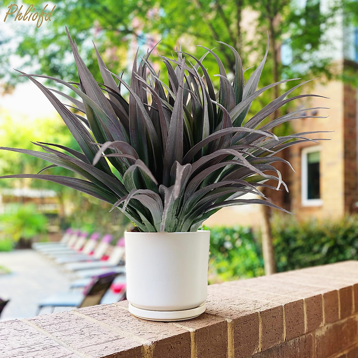 Phliofd 6Pcs Artificial Grass Fake Plants 17.3in Outdoor Plants UV Resistant Faux Greenery Stems Fake Grass for Home Window Garden Office Patio Pathway Front Porch Halloween Décor Green & Black