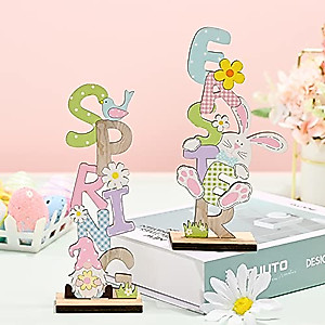 Easter Tabletop Decoration Signs, Easter Table Centerpieces Wooden Bunny Gnomes Decorations Family Signs for Spring Holiday Easter (2PCS)