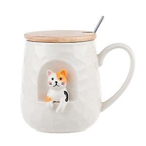 Mug Coffee Ceramic Cup Novel 3D Cat Pattern with Lid and Matching Spoon Cartoon Handmade Mug for Tea Milk Chocolate Juice Suitable for People Who Love Cats Small Animals (Cat side)