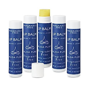 ALIDA PURE Fragrance Free Lip Balm, Vegan Lip Balm Set, Unscented, No Flavor, Beeswax Free, Organic Jojoba Oil, Avocado Oil, Vitamin E, Natural Moisturizer for Dry, Chapped, or Cracked Lips 5 Tube Set