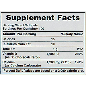 Puritan's Pride Absorbable Calcium with Vitamin D 3 1000iu Softgels, 1200 mg, 200 Count