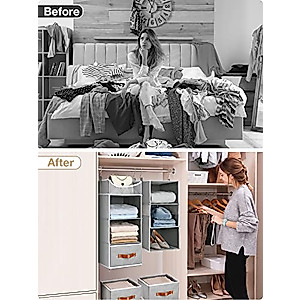 Yecaye Upgraded 7-Shelf Hanging Closet Organizers and Storage with 3 Drawers 4 Side Pockets, 2 Flexible 3-Shelf Closet Organizer System, Clothes Organizer Shelves for Bedroom Closet Rack