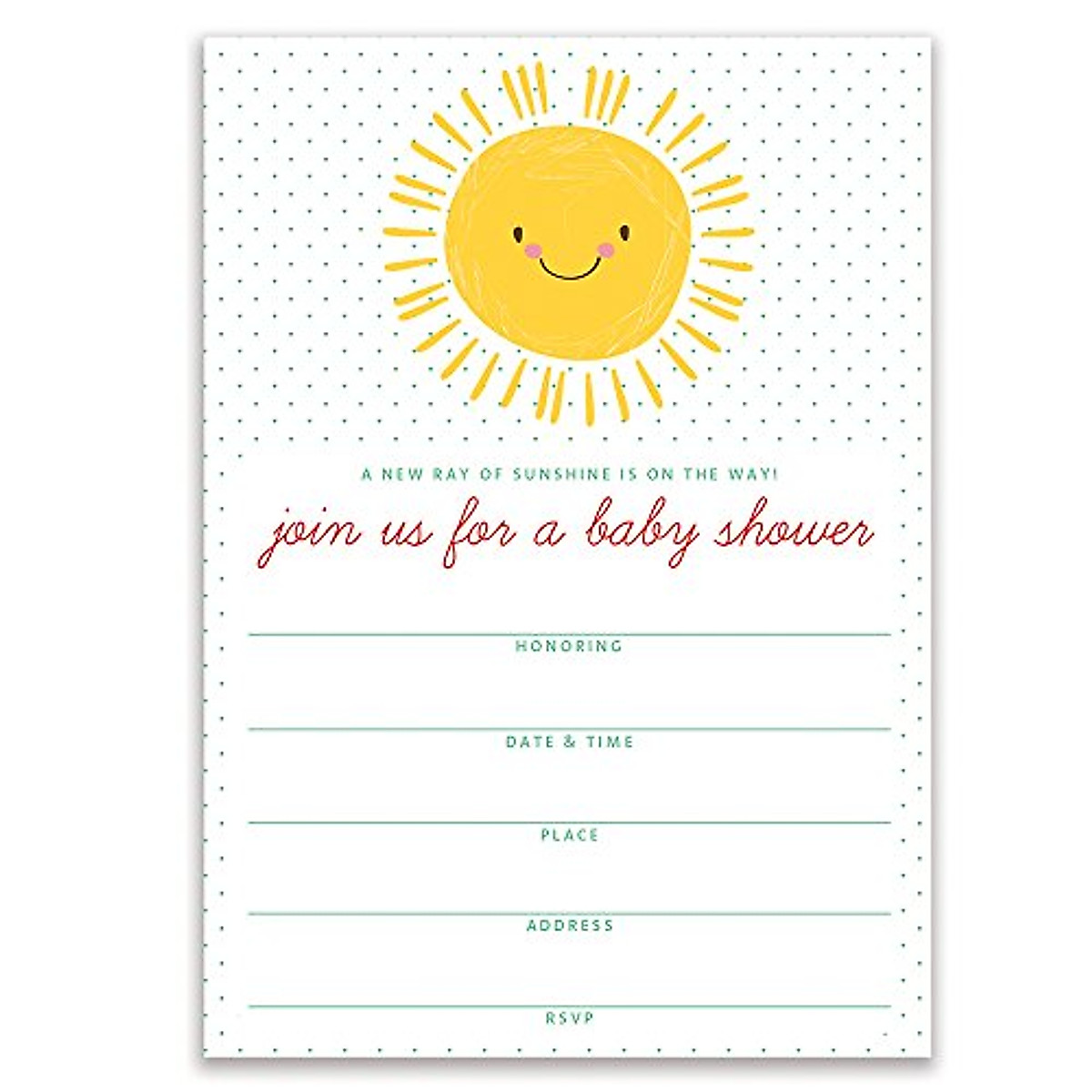 DB Party Studio Baby Shower Invitations Happy Sunshine Gender Neutral Sunny Smile Blank Invites with Envelopes ( Pack of 25 ) Large 5x7” Fill In Boy Girl Infant Mom-To-Be Smiling Sun Newborn VI0077B