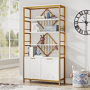Tribesigns Modern Bookshelves and Bookcases with Doors 11.8in Depth Floor Standing 5 Shelf Display Storage Shelves Bookcase Home Decor Furniture for Home, Office, Living Room, Bedroom
