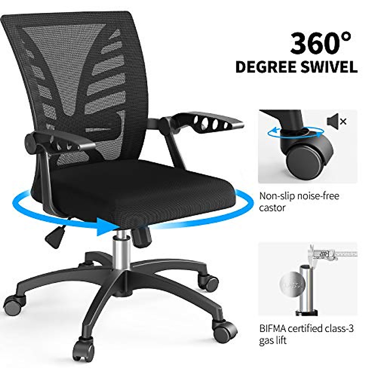 Ergonomic Office Chair, Mid Back Mesh Computer Desk Chair with Lumbar Support, Flip-up Arms, Adjustable Backrest, Swivel Comfortable Task Chair for Teens, Women, Adults,Black