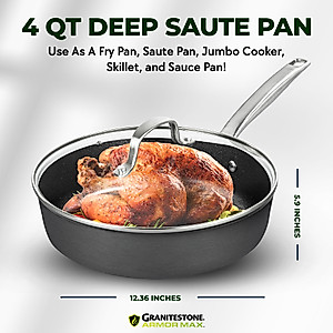 Granitestone Armor Max 4 Quart. Sauté Pan with Lid - 11 Inch Non Stick Deep Frying Pan with Lid, Large Frying Pan, Oven Safe Skillet with Lid, Multipurpose Jumbo Cooker, Stovetop/Dishwasher Safe…