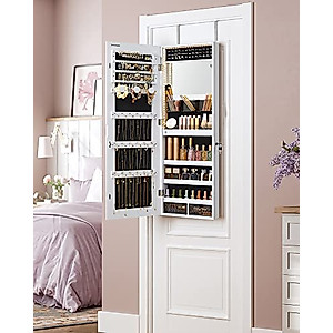 SONGMICS Mirror Jewelry Cabinet Armoire Organizer, Wall or Door Mount Storage Cabinet with Full-Length Frameless Lighted Mirror, Built-in Makeup Mirror, 2 Drawers, Lockable, White UJJC013W01