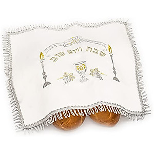 HolYudaica White Satin Challah Cover for Shabbat Bread (20"/16") with Shabbat Candlestick Silver & Gold Embroidery, from Israel, Nice Gifts (Silver, 1)
