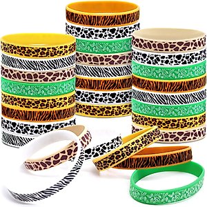 MagiRita Safari Animal Print Rubber Bracelets 24 Pack Leopard Cow Tiger Print Wristband Jungle Party Favors Zoo Wild Birthday Party Goodie Gifts Bags Decor for Shower Class Rewards