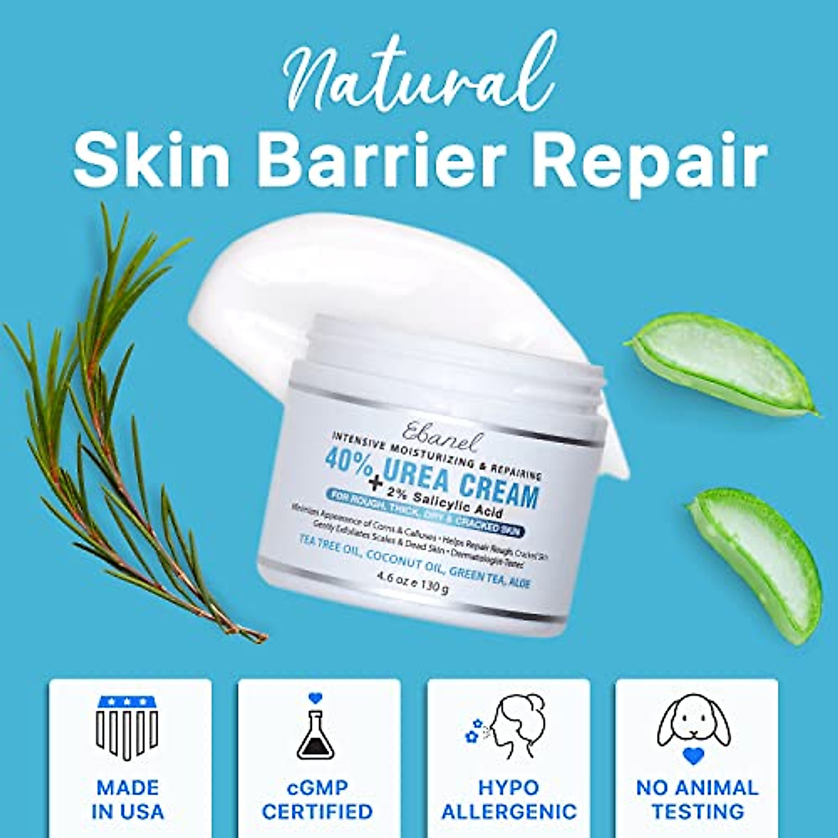Ebanel Urea Cream 40% plus Salicylic Acid 2%, Foot Cream for Dry Cracked Heels Feet Knees Elbows Hands, Foot Dead Skin Cuticle Callus Remover Toenail Softener, Keratolytic Skin Barrier Repair Cream