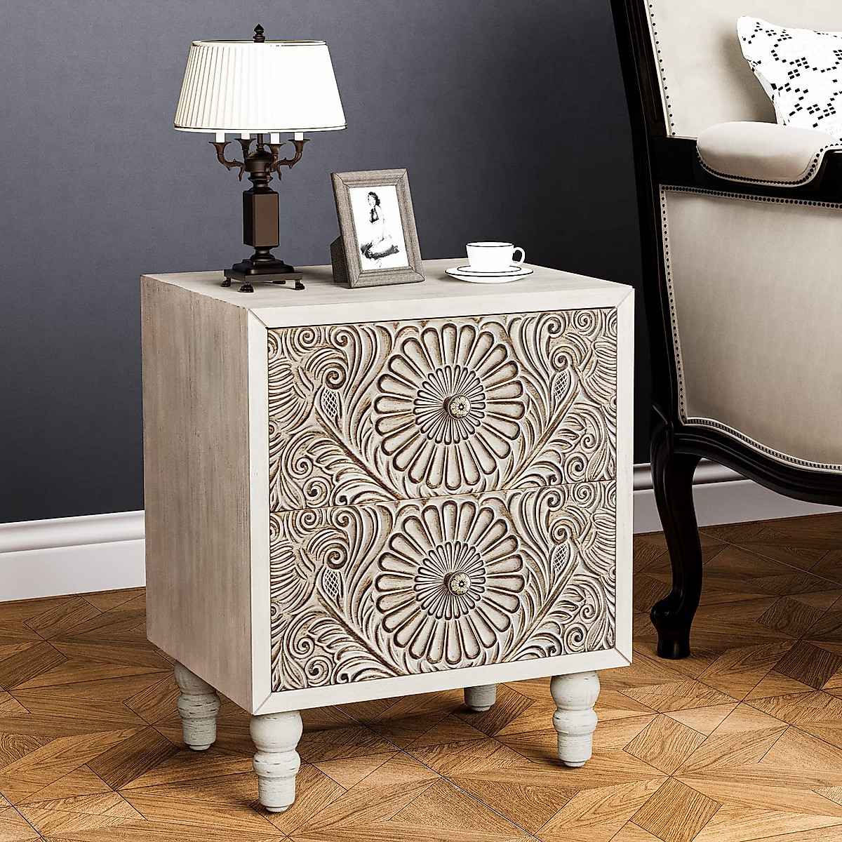 HOMPUS Nightstand, Rustic End Table with 2 Pattern Carved Drawers, Vintage Night Stand with 4 Wood Legs, Small Dresser for Bedroom, Living Room, Light Grey Grain