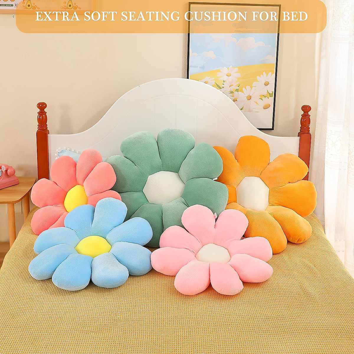 Menoeceus Flower Pillow, Daisy Pillow Flower Shaped Throw Pillow, Cute Decorative Pillows, Floor Pillow Seating Cushion, Plush Pillow Room Decor for Bedroom Sofa Chair (Green, 15.75")