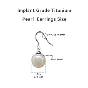Limerencia Titanium Dangle Earrings, Shell Pearl Drop Earrings, 10 mm Lightweight Drop Earrings Hypoallergenic for Sensitive Ears Women