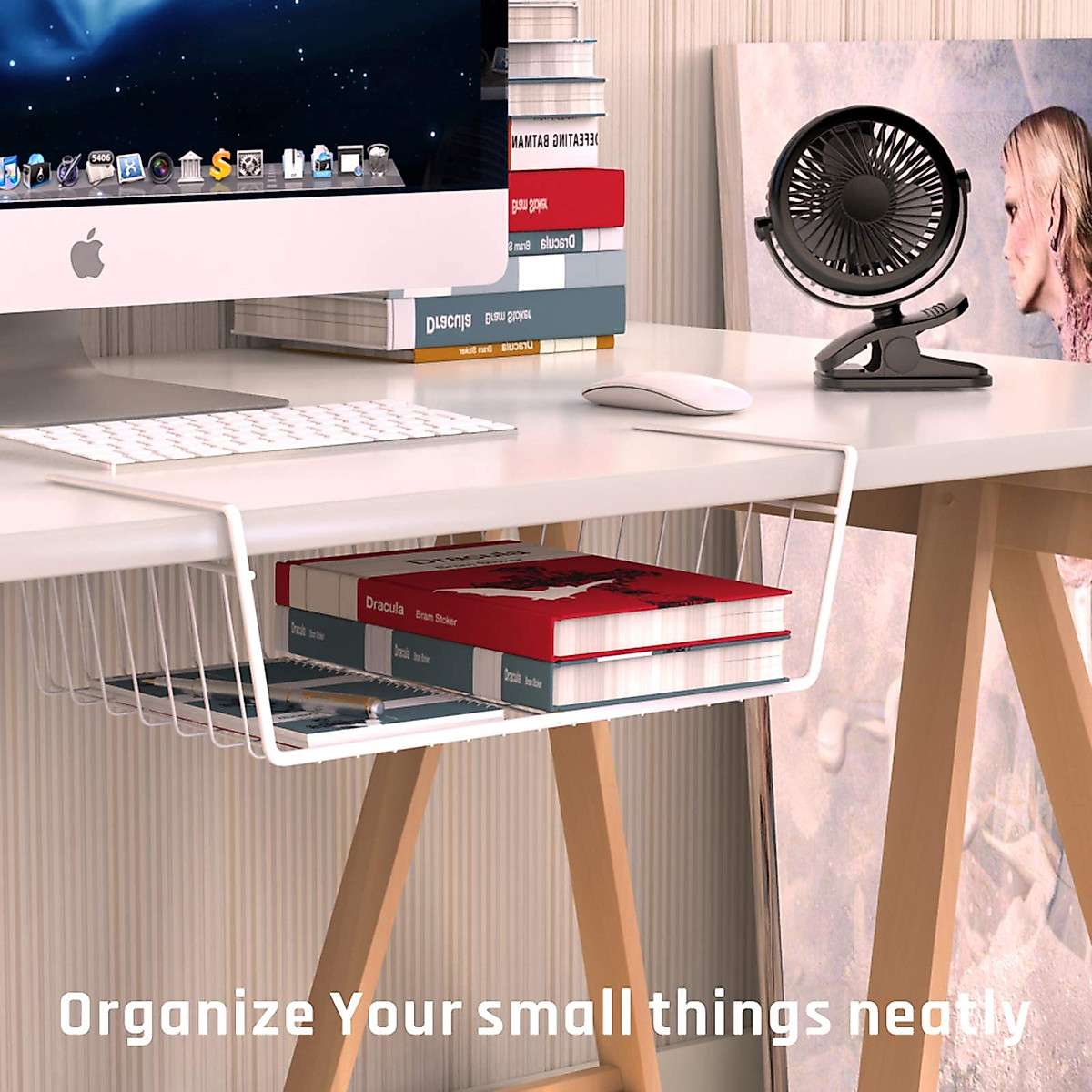 Under Shelf Basket, iSPECLE 6 Pack Hanging Under Shelf Storage Basket Under Cabinet Desk Storage Shelf Organizer Pantry Organization and Storage for Kitchen Pantry Bookshelf, Black