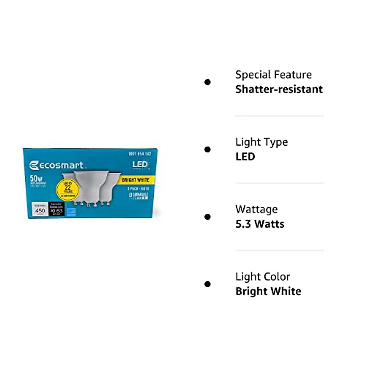 Ecosmart 50W Bright White MR16 GU10 LED Light Bulb (3-Pack) 1001654142 - New