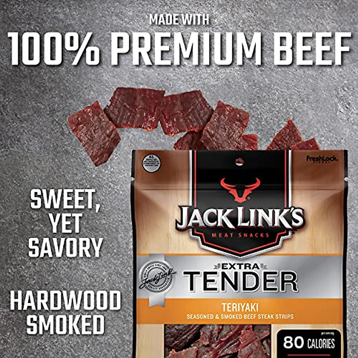 Jack Link’s Extra Tender Beef Jerky Steak Strips, Teriyaki, 2.85 oz – Flavorful Meat Snack, 9g of Protein and 80 Calories, Made with Premium Beef - Gluten Free and No Added MSG or Nitrates/Nitrites