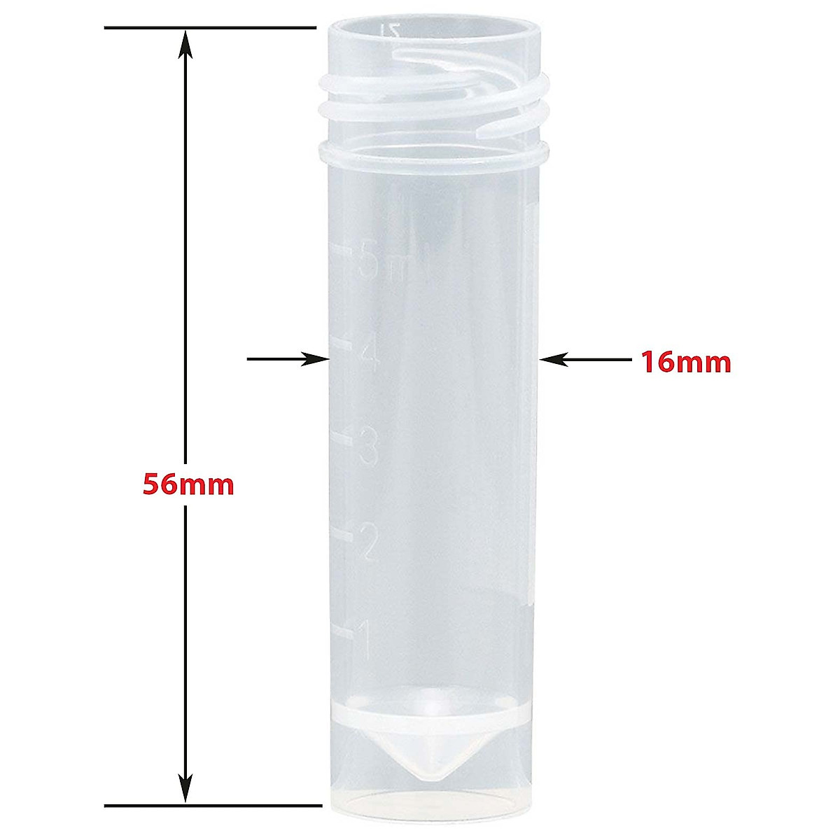 Globe Scientific 6101S Polypropylene Molded Graduations Conical Bottom Self Standing Transport Tubes with Attached White Polyethylene Screw Cap, Sterile, 5ml Capacity, Pack of 500