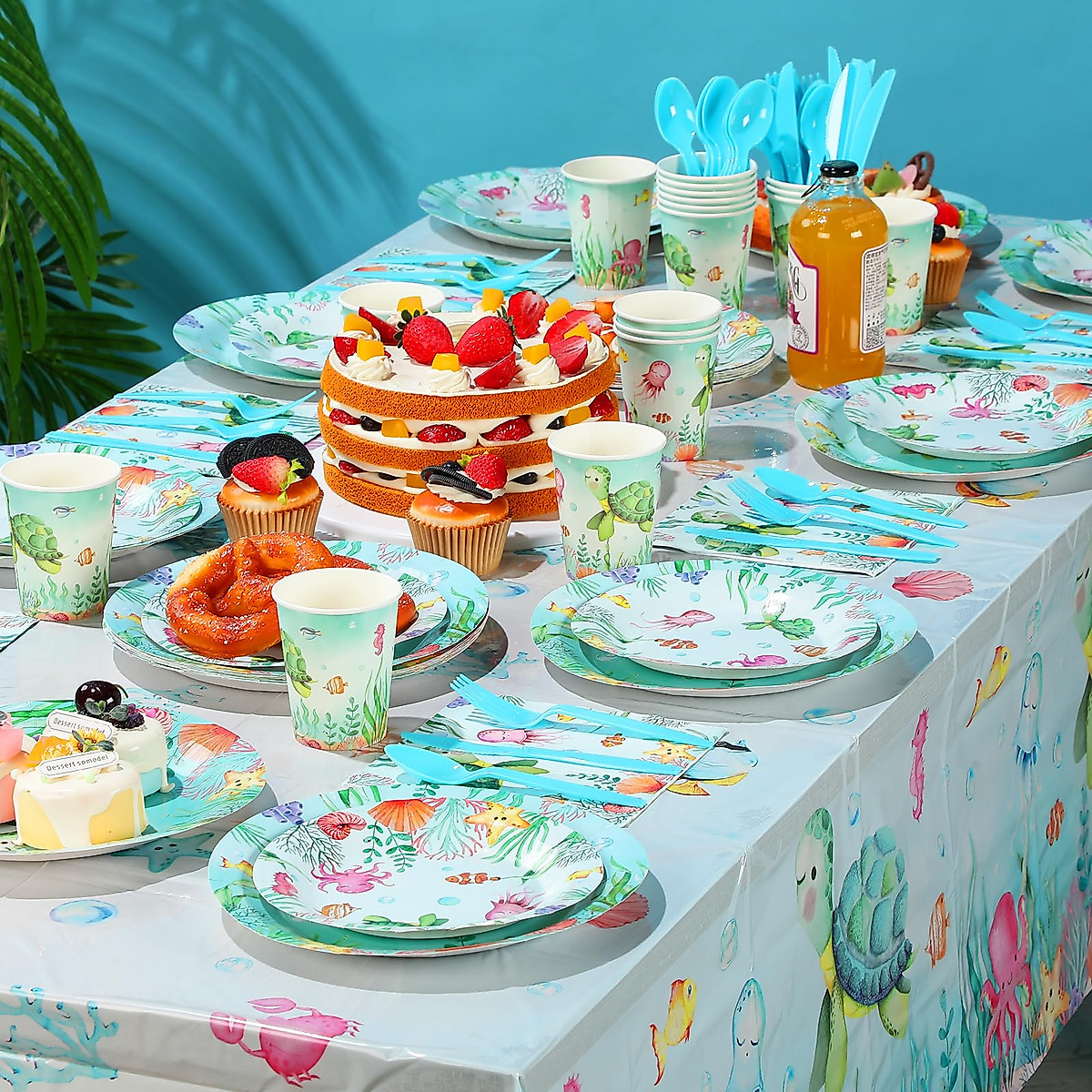 Libima 189 Pcs Sea Turtle Birthday Decorations Ocean Sea Party Tableware Turtle Plates Napkins with Sea Animal Cups Tablecloth Hanging Swirl for Under the Sea Baby Shower Turtle Pool Party Supplies