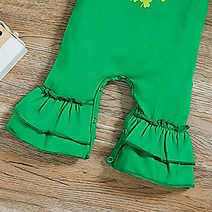 My 1st St. Patricks Day Romper Baby Girl Ruffle Jumpsuit Shamrock Print Long Sleeve Coming Home Outfits+Headband (Green, 1-3 Months)