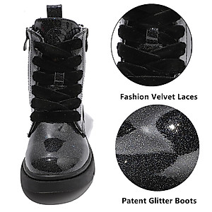 DADAWEN Boys Girls Glitter Ankle Boots Lace Up Waterproof Combat Shoes With Side Zipper for Toddler/Little Kid/Big Kid Black Glitter US Size 2 M Little Kid