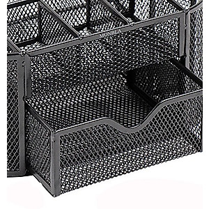 MONBLA Desk Supplies Organizer Multi-functional Stationery Caddy Mesh Oval Pencil Holder Desk Office Supplies Organizer 9 Compartments with Drawer for Note Pads Black