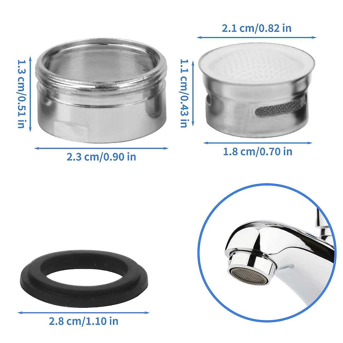 Stainless Steel Kitchen Faucet Aerator, 4 PCS Faucet Aerator, Bathroom Faucets Aerators Replacement Parts with 4 PCS Gasket, High Flow Faucets Aerators Sink Aerator for Kitchen Bathroom